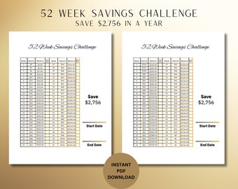 52 Week Money Savings Challenge Printable 52 Week Tracker 2 Dollar ...