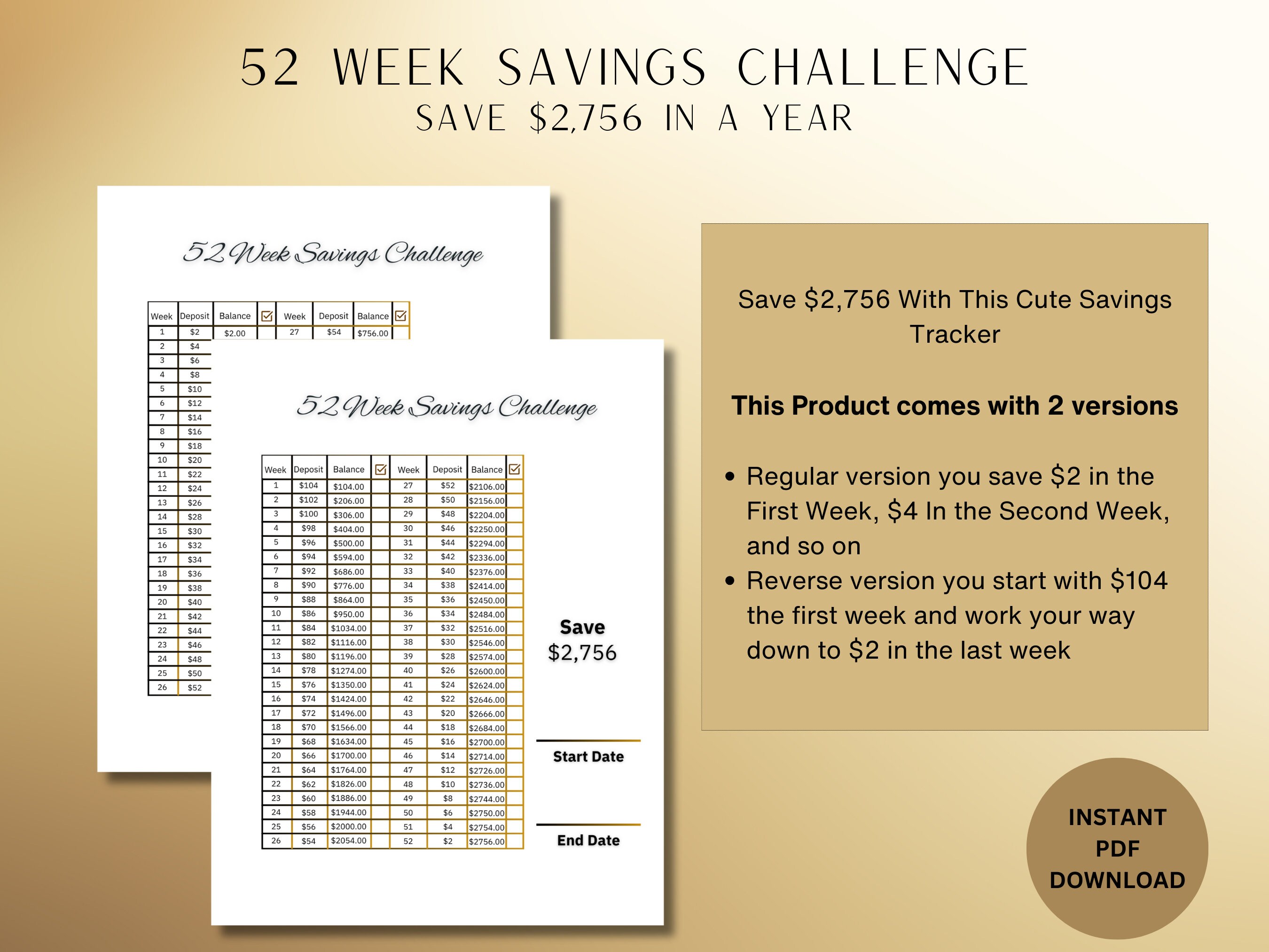 52 Week Savings Challenge | Printable | 52 Week Tracker | Save 2k - Etsy