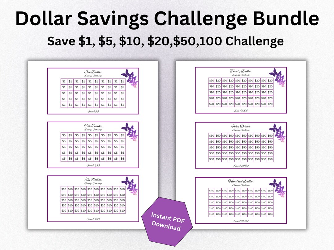 Dollar Savings Challenge Bundle | A6 Binder | 1 Dollar | 5 Dollar | 10 ...