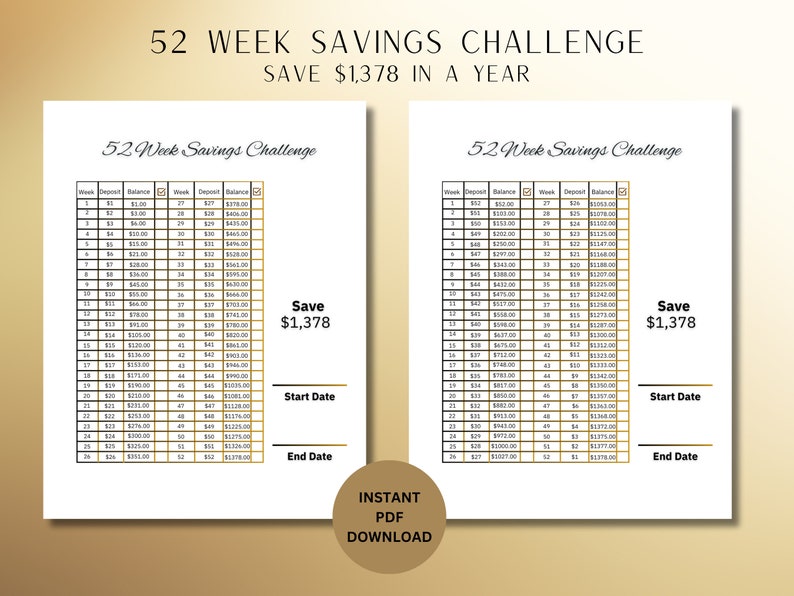 52 Week Savings Challenge | Printable | 52 Week Tracker | Save 1k - Etsy