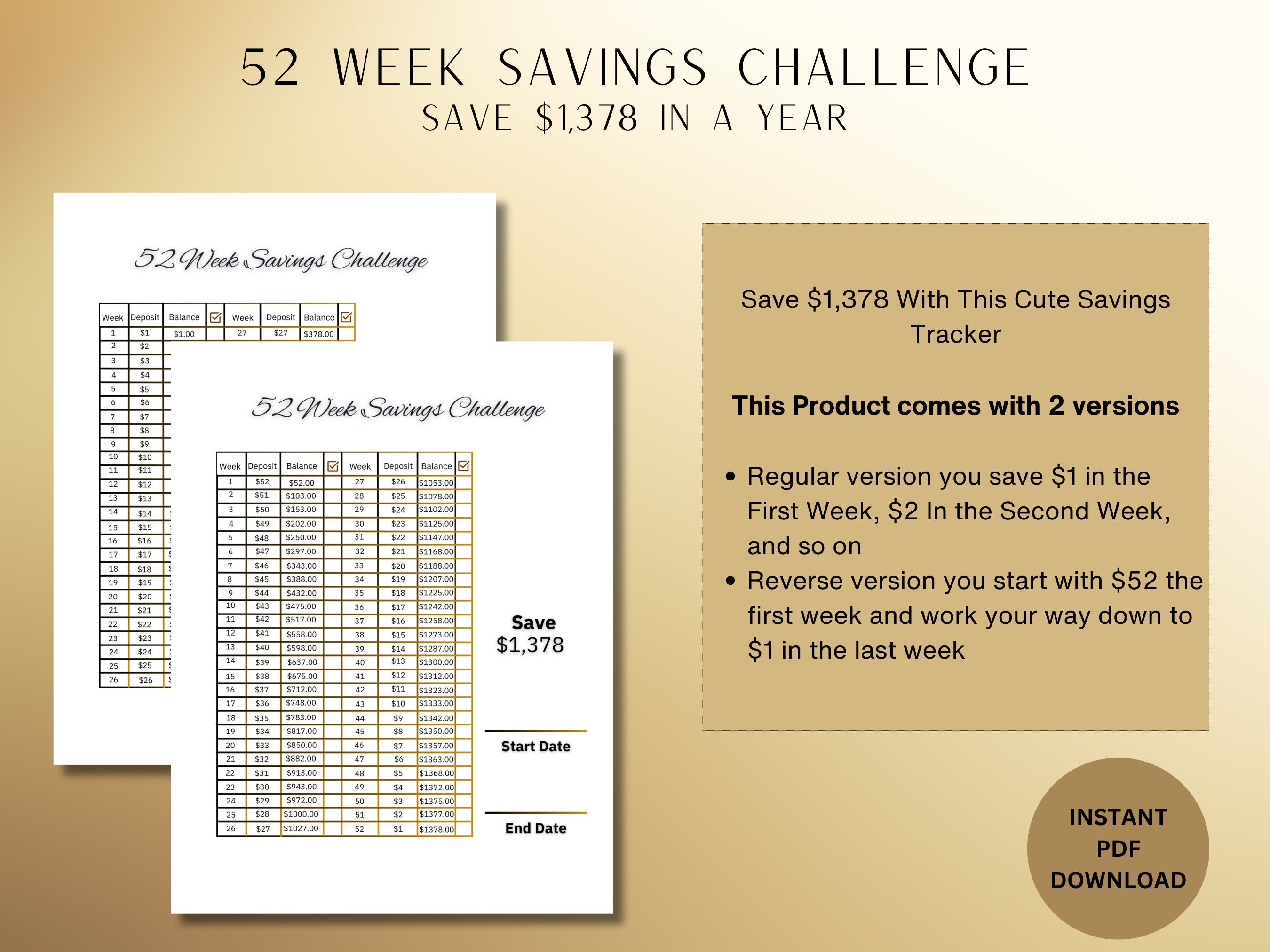 52 Week Savings Challenge Printable 52 Week Tracker Save 1k - Etsy