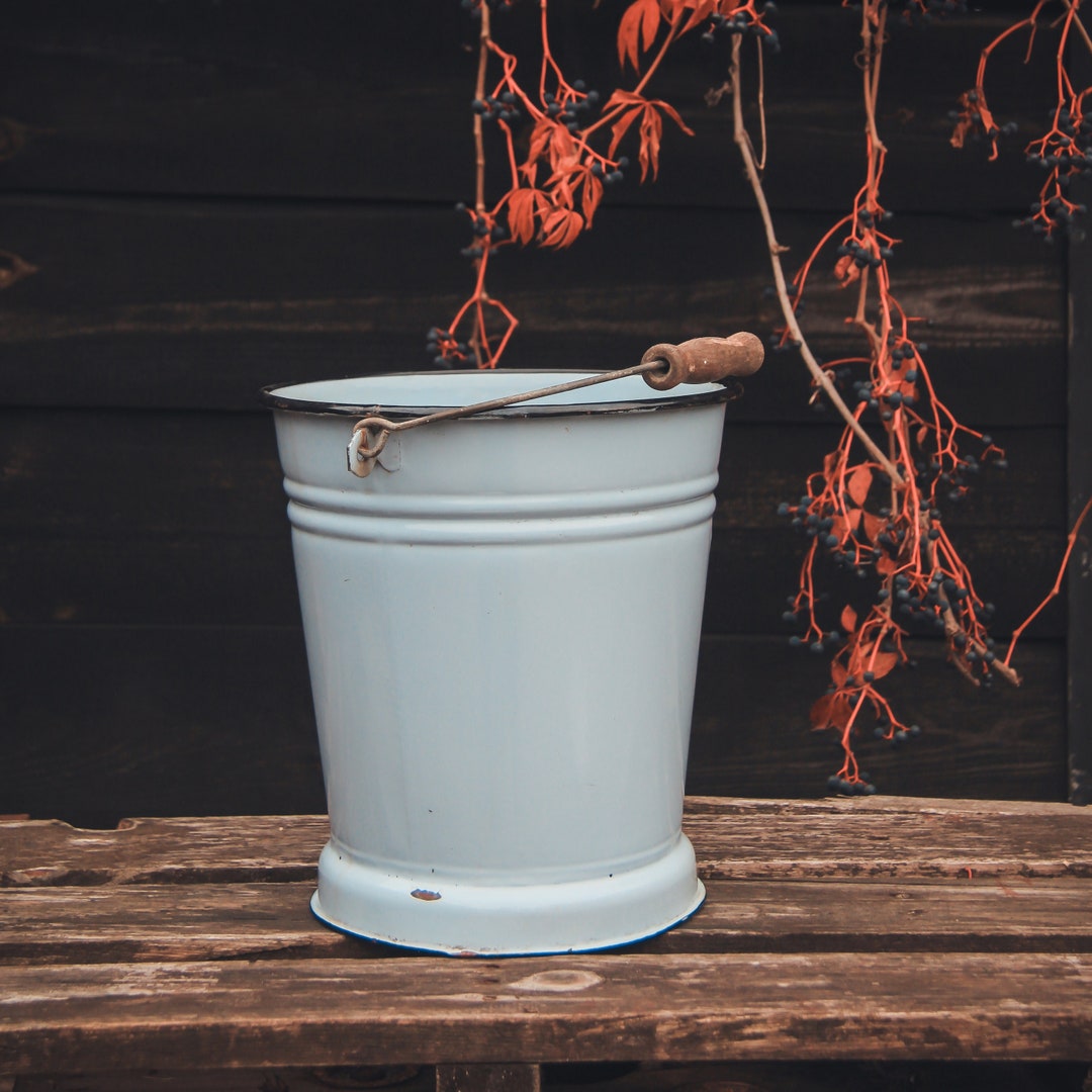 Vintage European Blue Enamel Bucket With Wooden Handle, Blue Enamel ...