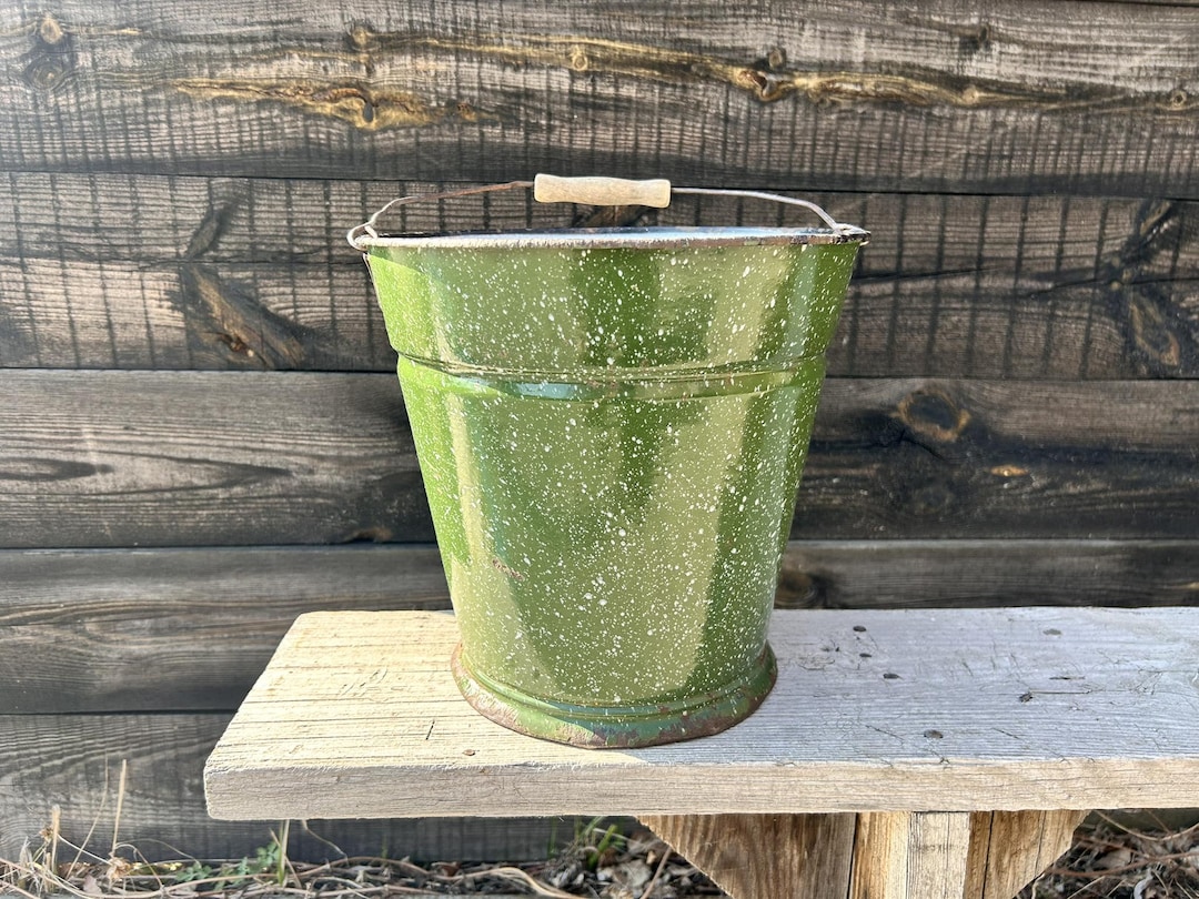 Vintage European Green Enamel Bucket With Wooden Handle, Water Pot ...