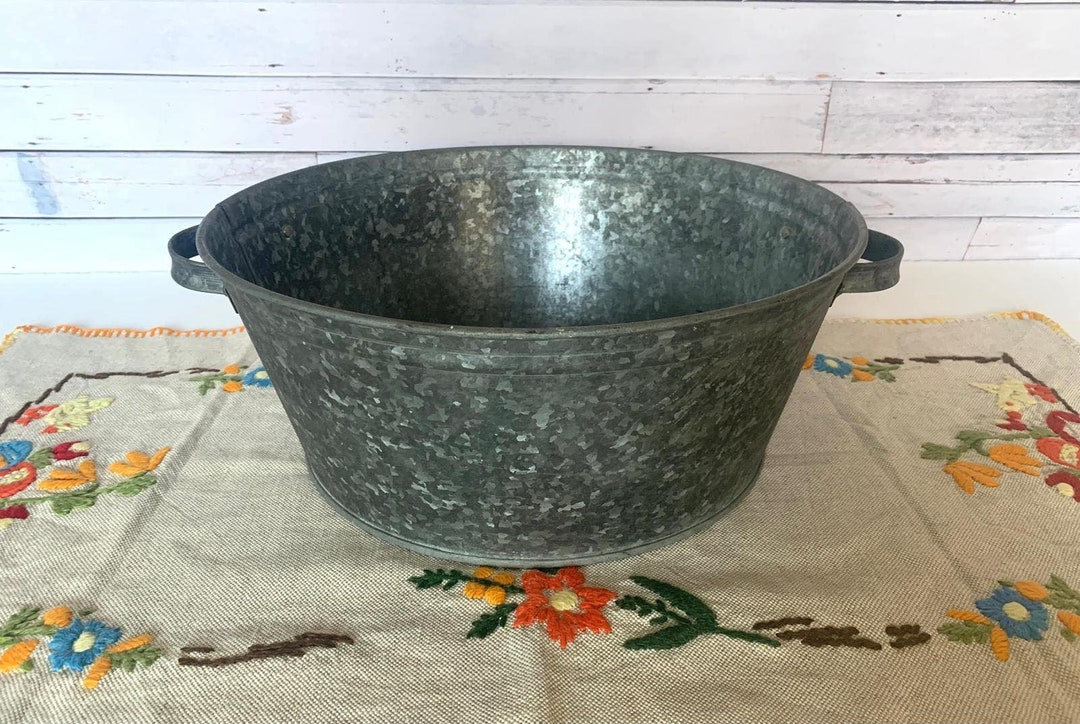 Galvanized Zinc Planter Bowl With Handles, Heavy Metal Basin, 1960's ...