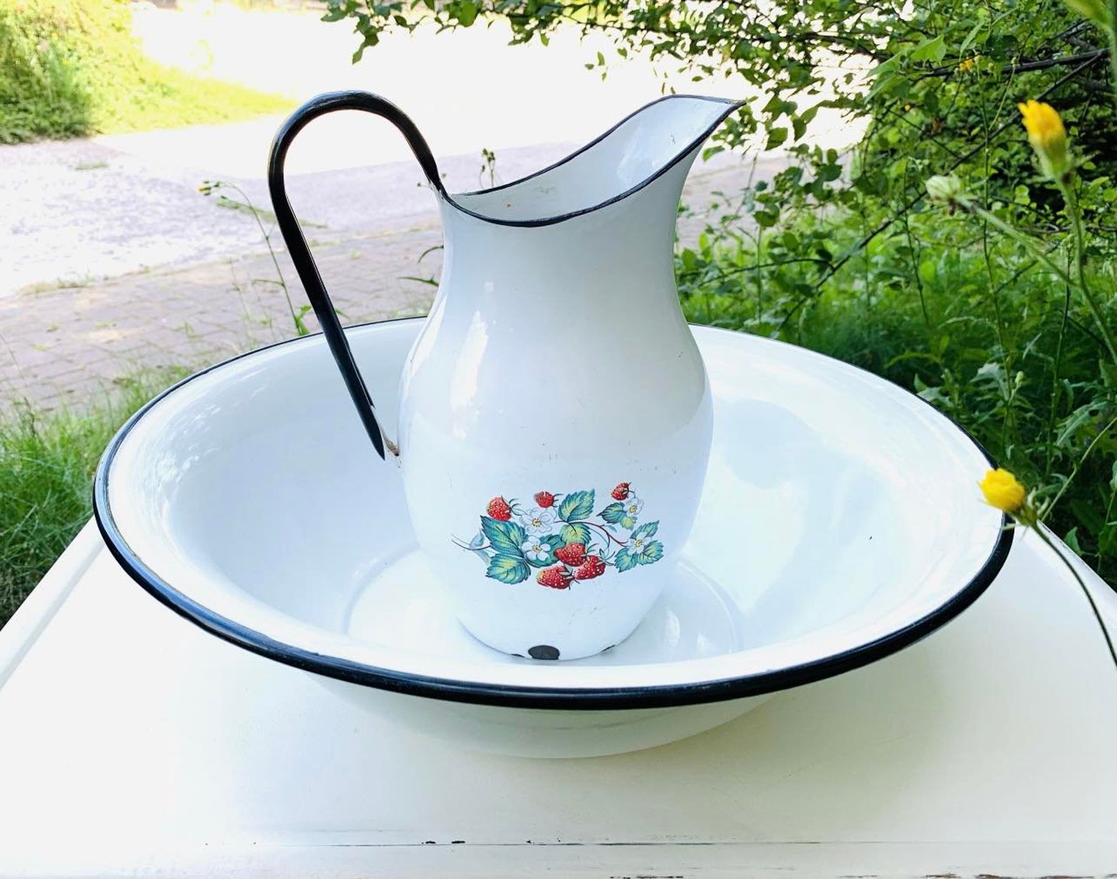 Enamel Jug and Bowl Set, Washing Set - Pitcher and Wash Bowl, Antique ...