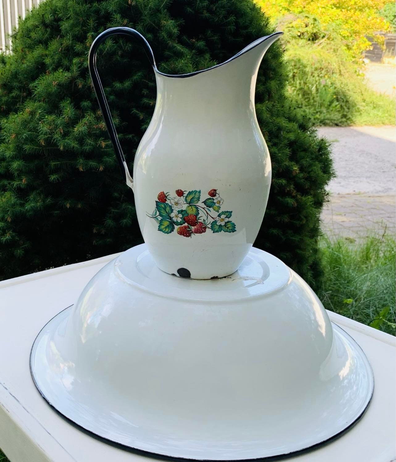 Enamel Jug and Bowl Set, Washing Set - Pitcher and Wash Bowl, Antique ...