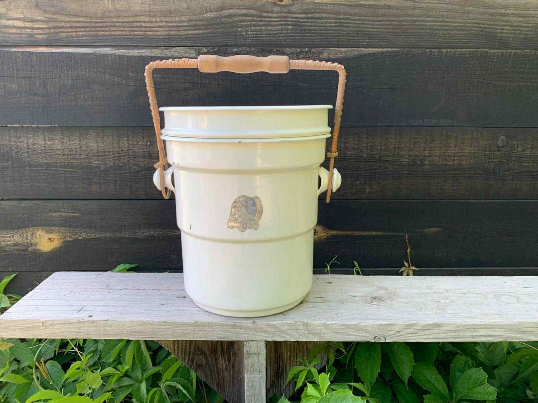 Vintage German White Bucket With Lid and Woven Rattan Handle, Stamped ...