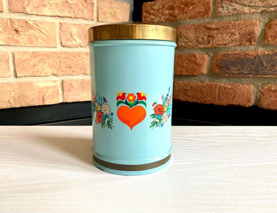 Vintage Kitchen Tin Can With Brass Lid 1960's, Folk Design, Storage ...