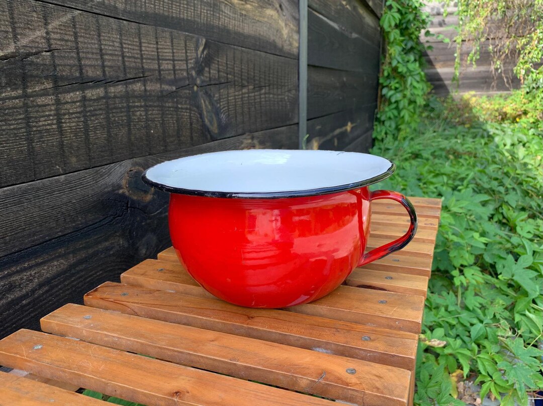 Red Enamel Chamber Pot, Garden Planter Pot With Dshape Handle, Vintage ...