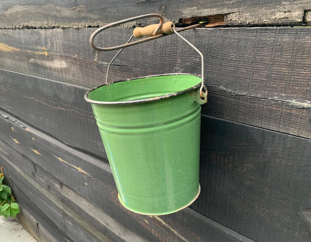 Vintage European Green Enamel Bucket With Wooden Handle, Water Pot ...