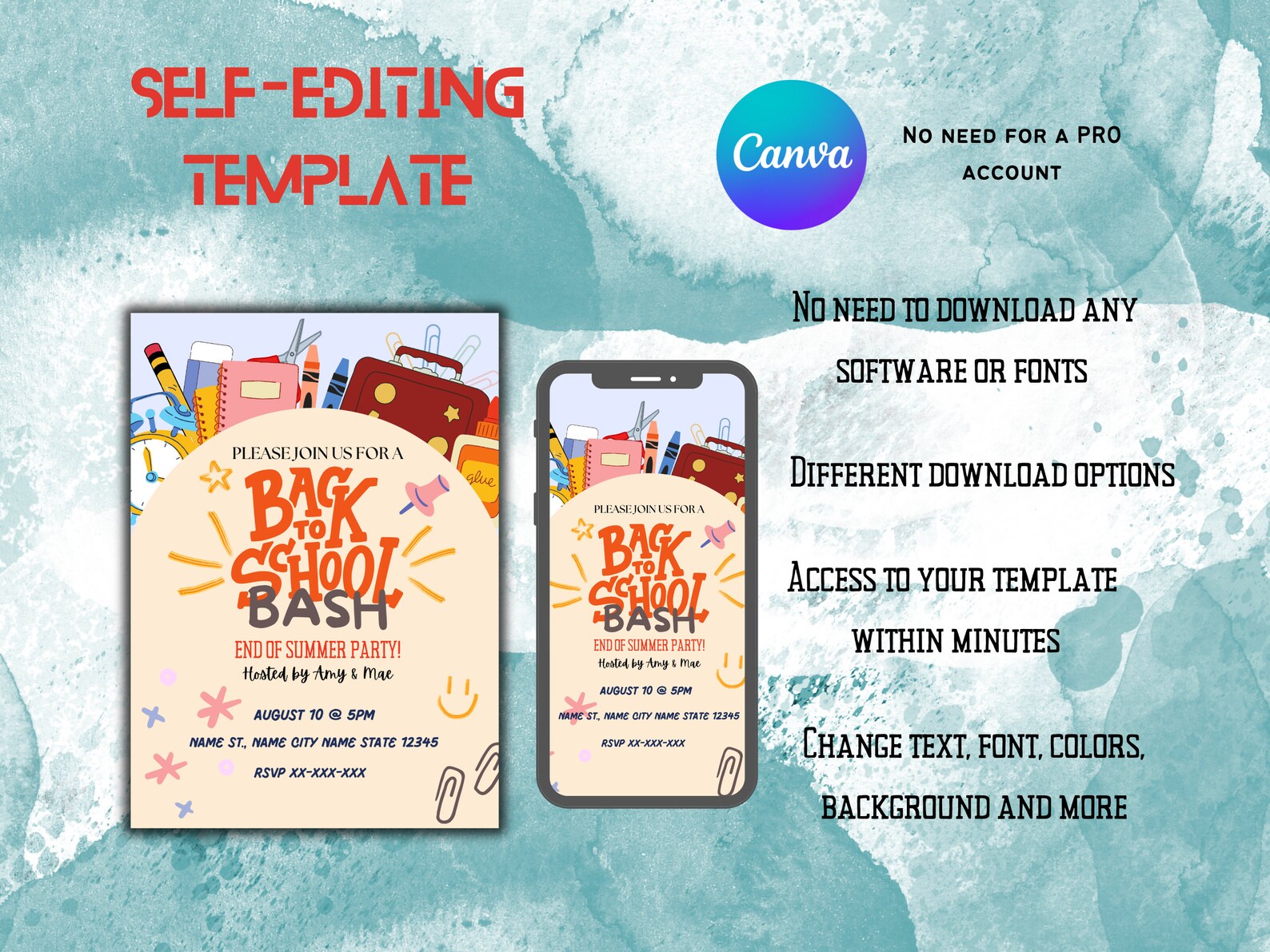 Back to School Invitation Colorful Invitation Editable Template School ...