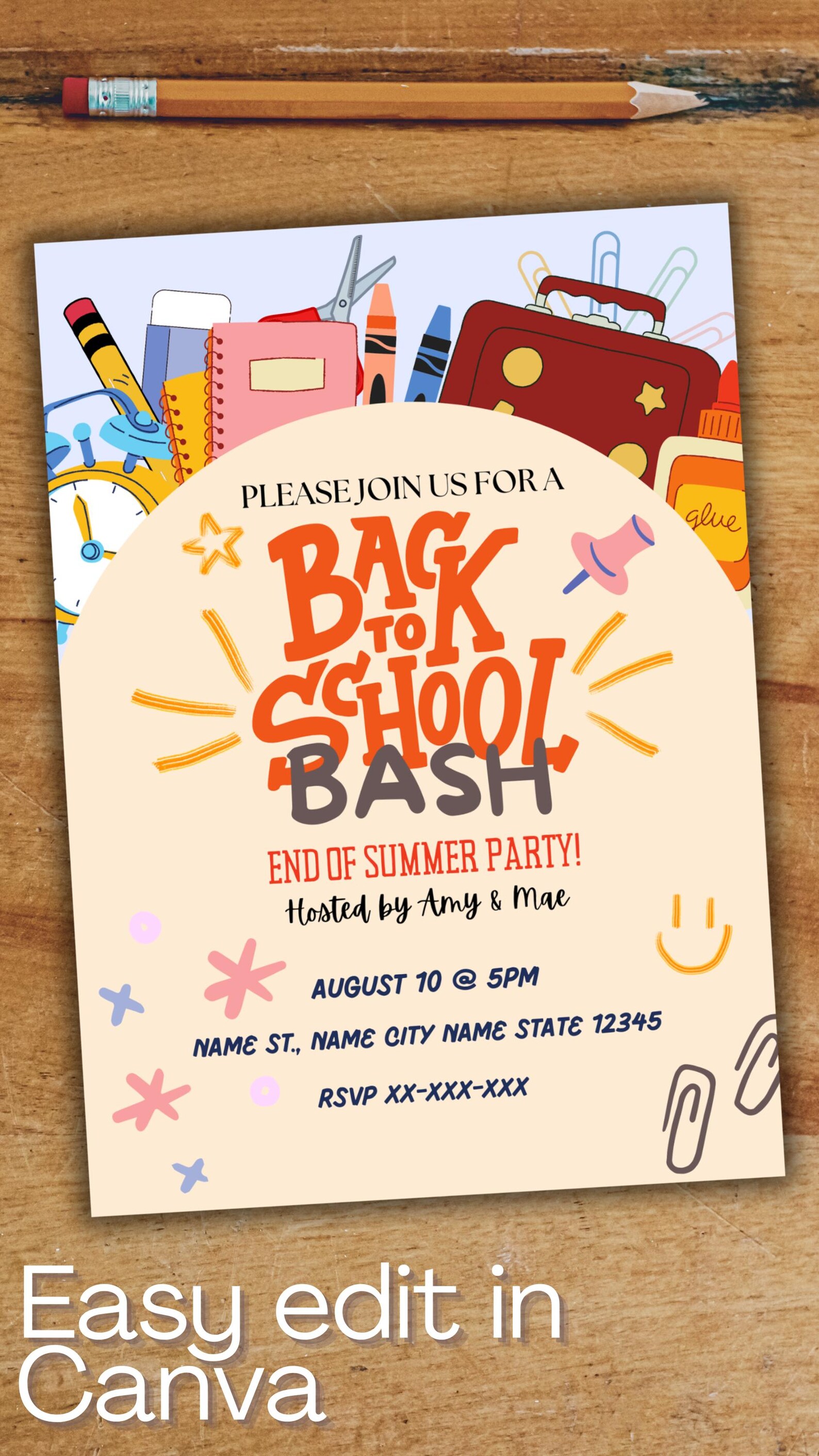 Back to School Invitation Colorful Invitation Editable Template School ...