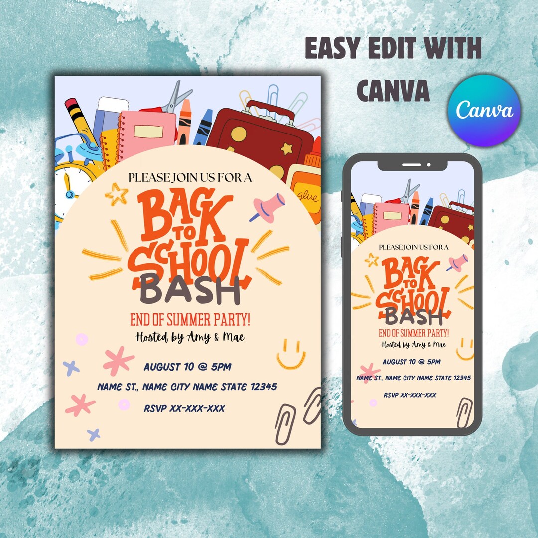 Back to School Invitation Colorful Invitation Editable Template School ...