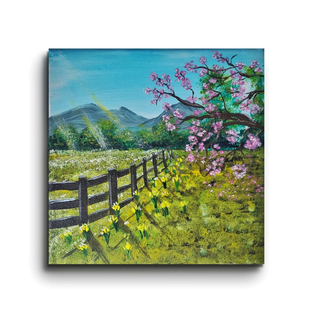 Original Spring Landscape Painting: Blooming Cherry Tree Meadow Art - Etsy