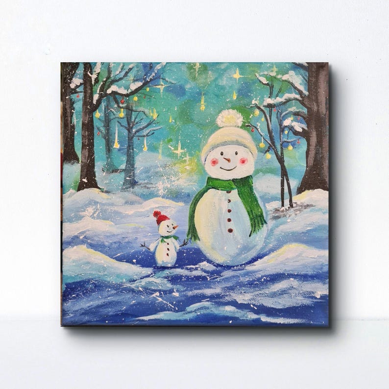 Snowman With a Baby Snowman in Winter Night Christmas Painting Cheerful ...