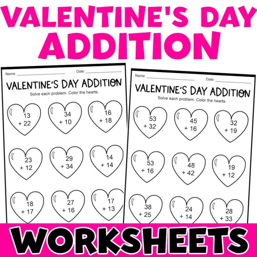 Valentine’s Day Math Worksheets Printable | 2-digit Addition Problems ...