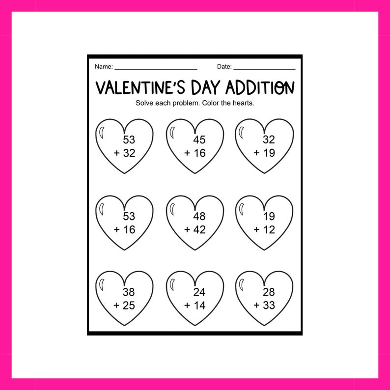 Valentines Day Math Worksheets Printable 2-digit Addition Problems ...