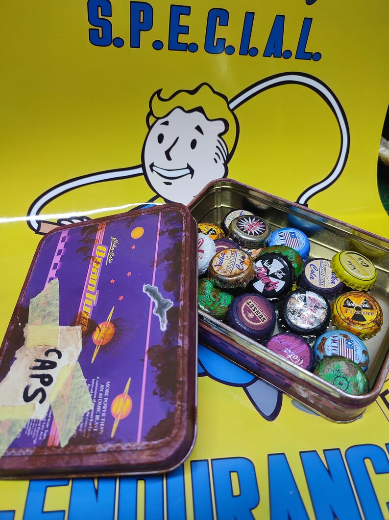 20 Caps and Container FALLOUT Themed BOX bunch of Random Fallout ...