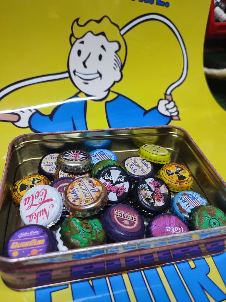 20 Caps and Container FALLOUT Themed BOX bunch of Random Fallout ...