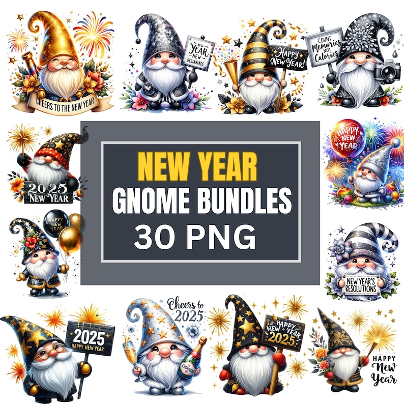 Happy New Year Gnomes 2025 | Png Clipart Bundle of 30 | New Years Gnome | 2025 Gnome Clipart ...