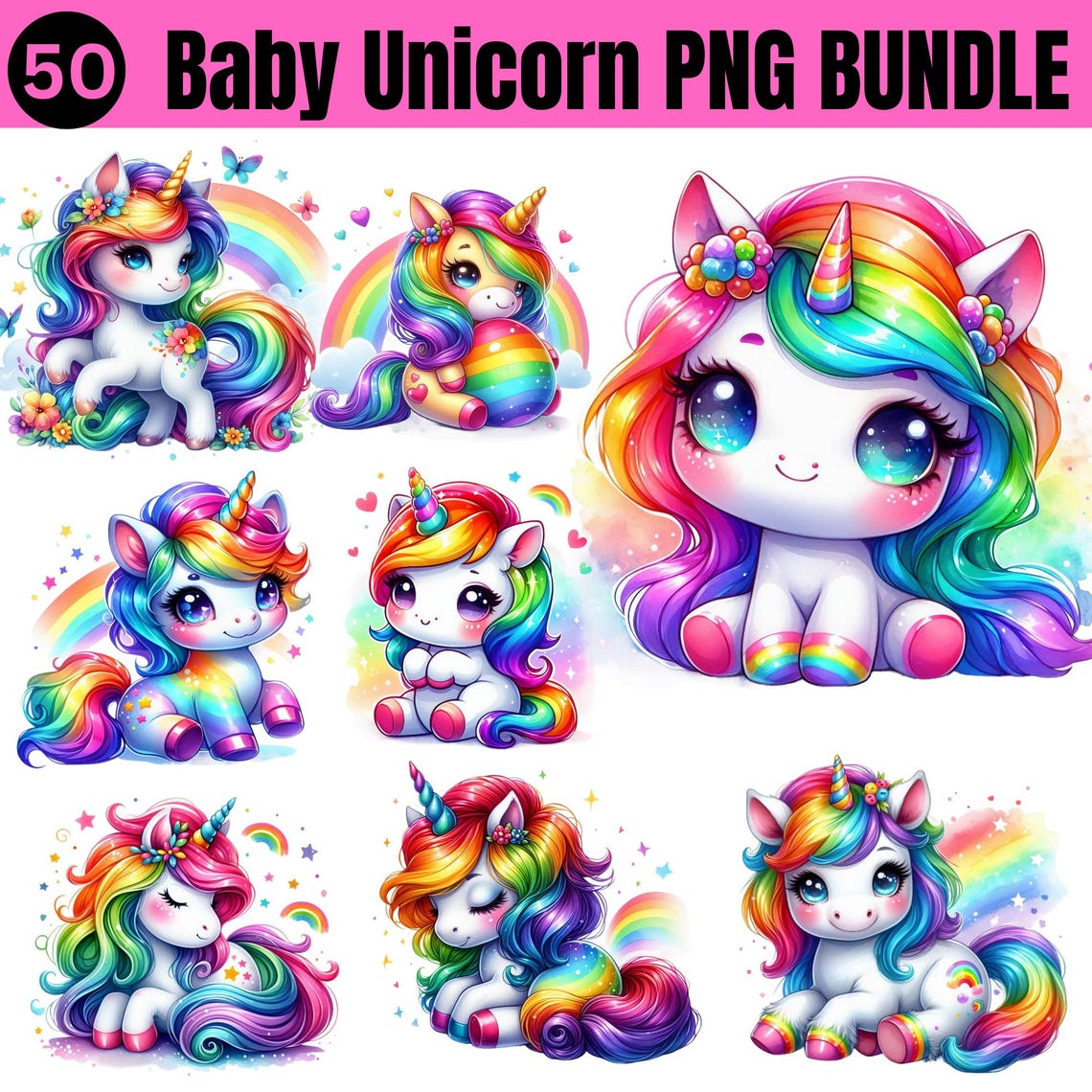 Baby Unicorn Watercolor Clipart | Rainbow Unicorn Bundle | Cute ...