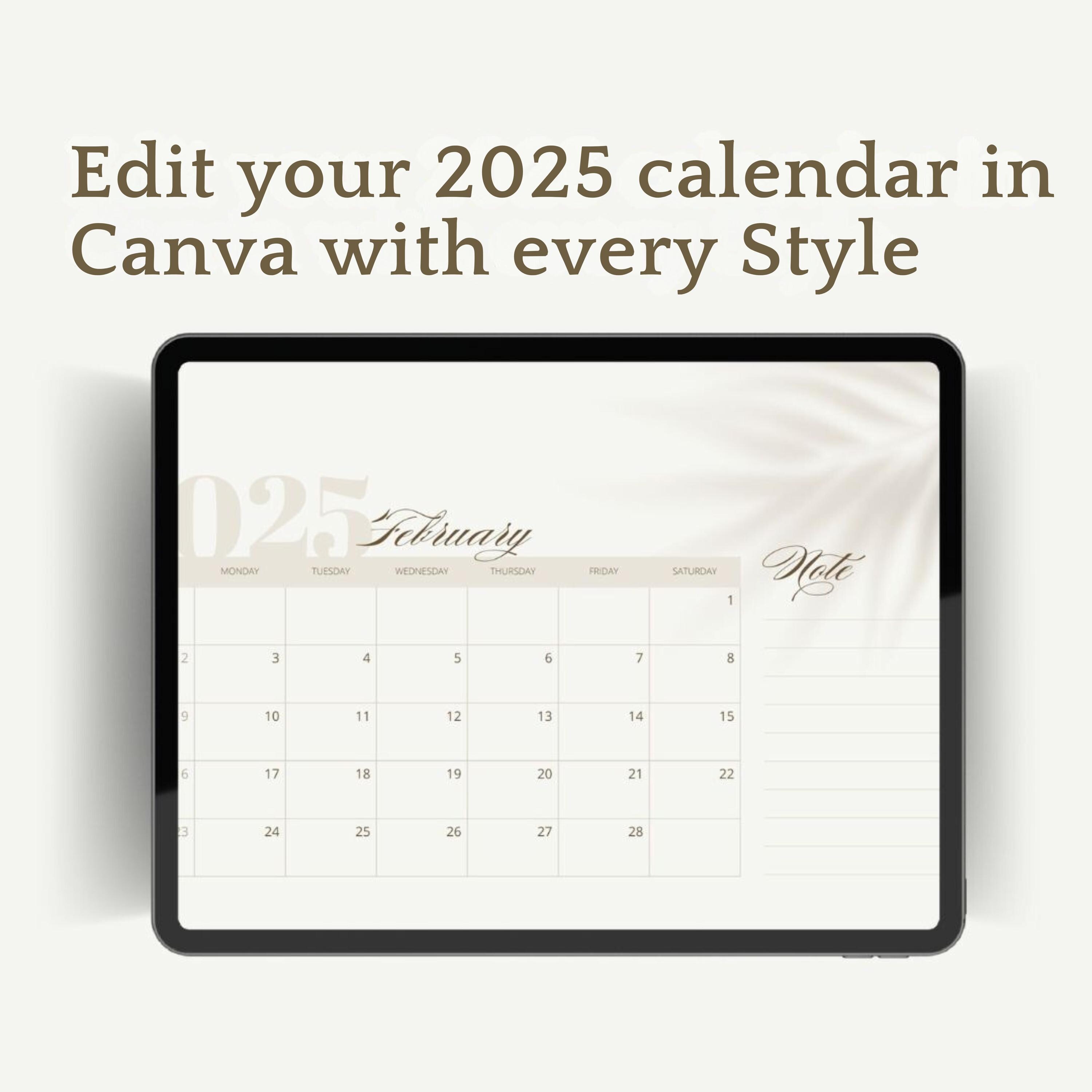 2025 Calendar Printable | Editable Canva Calendar Templates | Wall ...