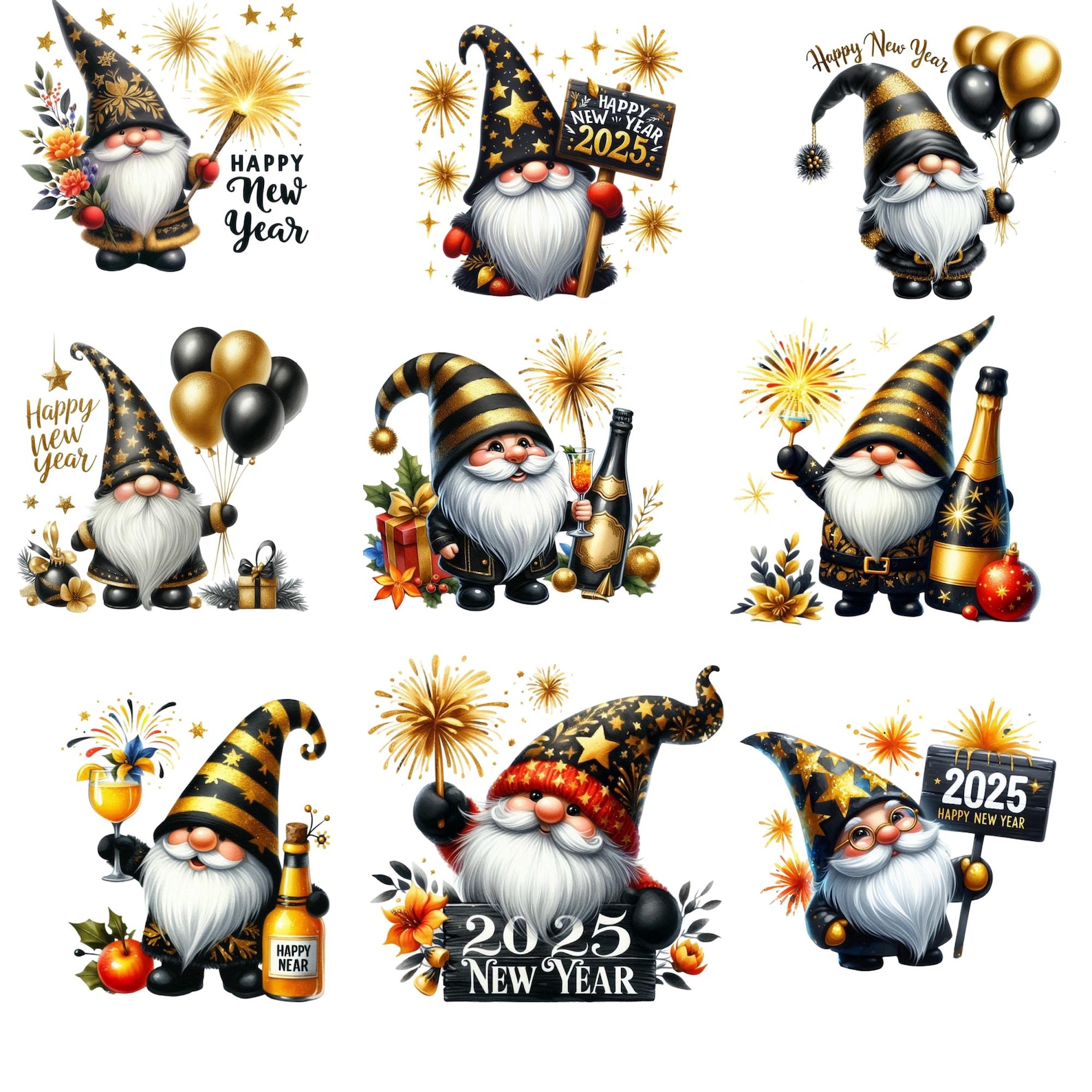 Happy New Year Gnomes 2026 | Png Clipart Bundle of 30 | New Years Gnome ...