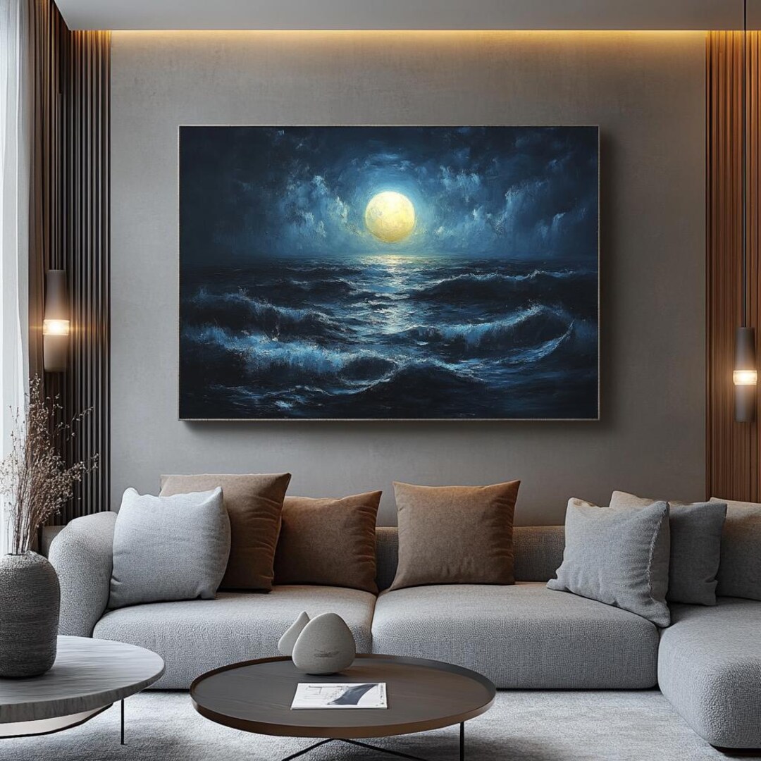 Moonlit Ocean Expressionist Art Full Moon Waves Canvas - Etsy