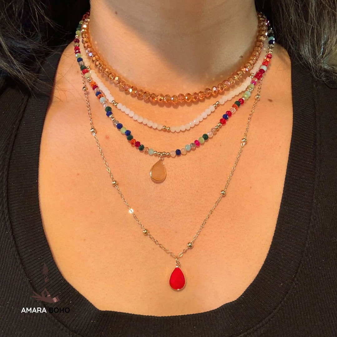 Boho Multi Layered Necklace With Red and Rose Quartz Pendant | Vintage ...