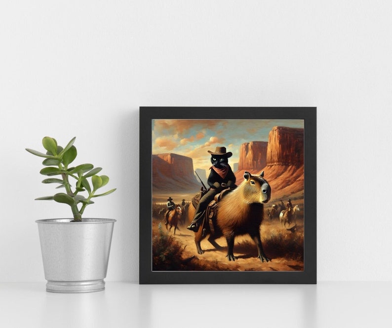 Black Cat Cowboy Riding Capybara Print | Funny Cat Poster | Capybara ...