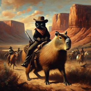Black Cat Cowboy Riding Capybara Print | Funny Cat Poster | Capybara ...