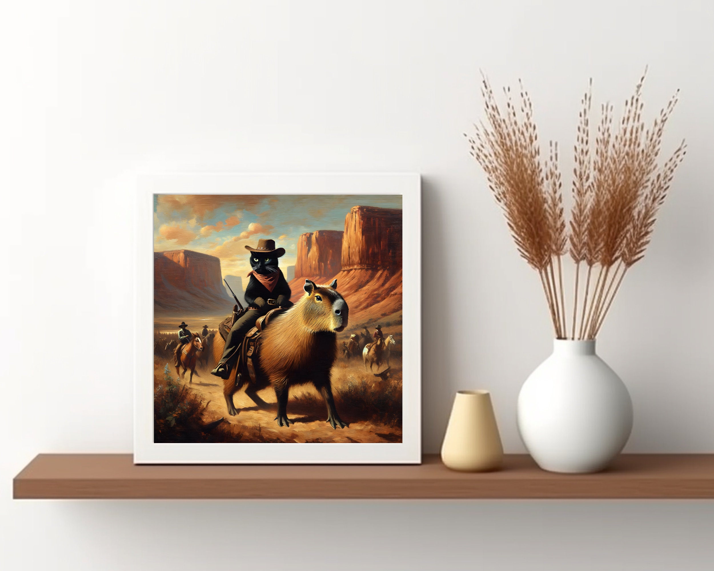 Black Cat Cowboy Riding Capybara Print | Cat Art Print Funny | Capybara ...