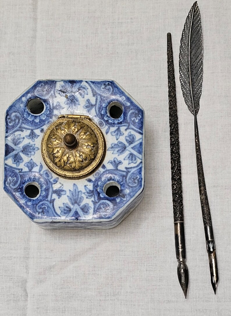 Antique Blue and White Earthenware and Brass Inkwell-flowers-painted ...