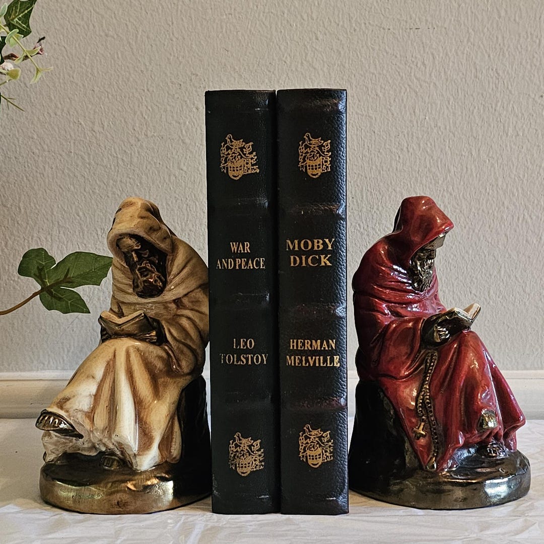 Antique Armor Bronze Clad Friar Monk Bookends Set Red & Cream Reading ...