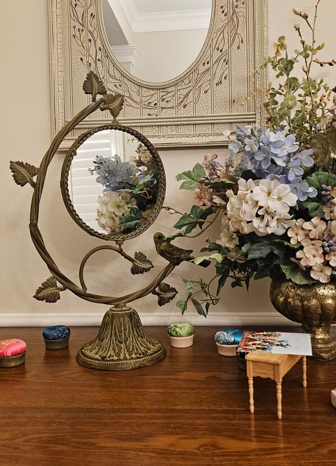 Vtg 19" Tall Iron Metal Round Mirror Stand Swivels With Bird & Ivy Vine ...