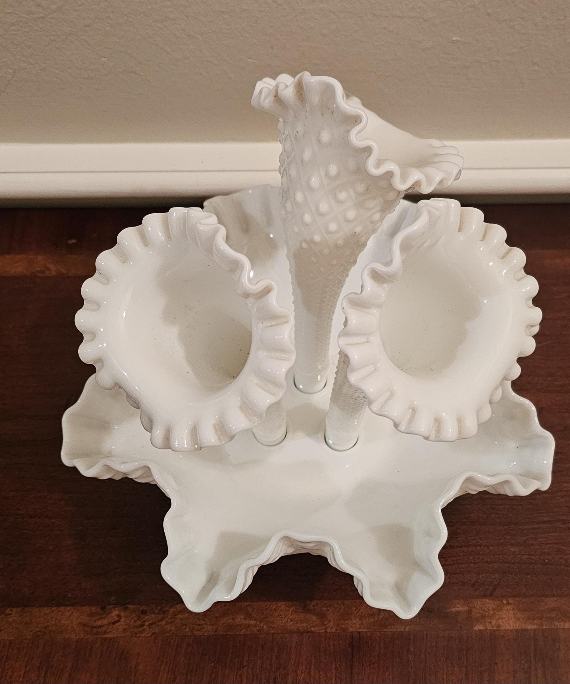 Vintage Fenton Glass Epergne – Diamond Lace Pattern – 4 Piece Set - Etsy