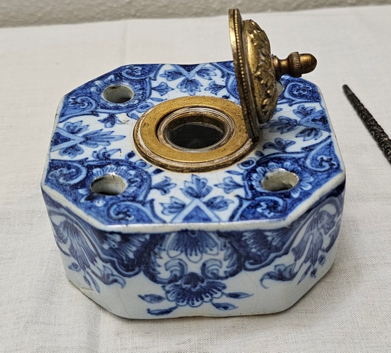 Antique Blue and White Earthenware and Brass Inkwell-flowers-painted ...