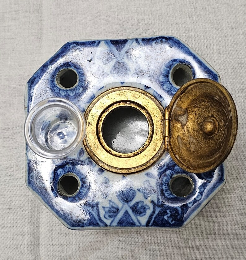 Antique Blue and White Earthenware and Brass Inkwell-flowers-painted ...