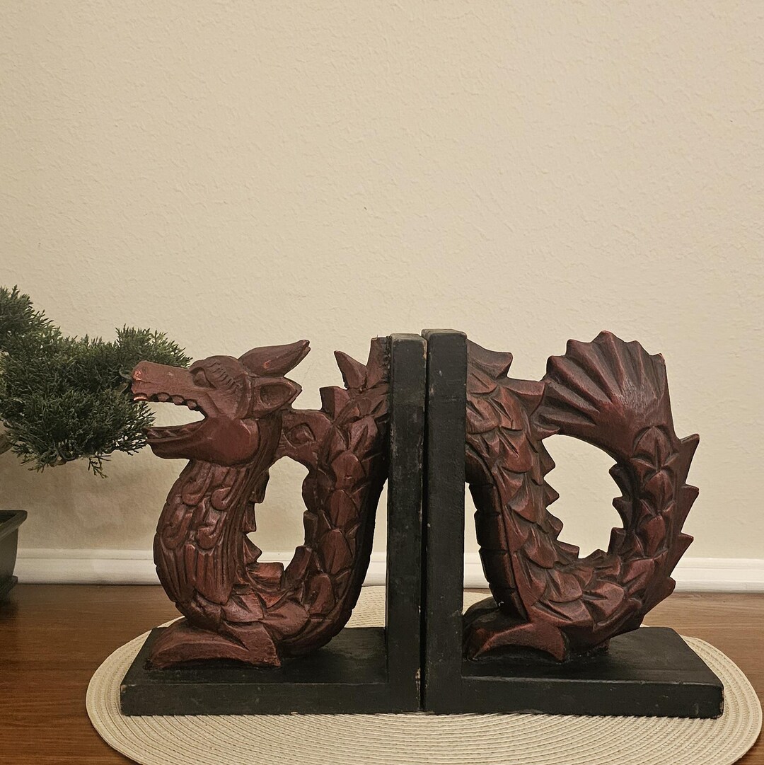 Hand-carved Wooden Asian Dragon Bookends - Etsy
