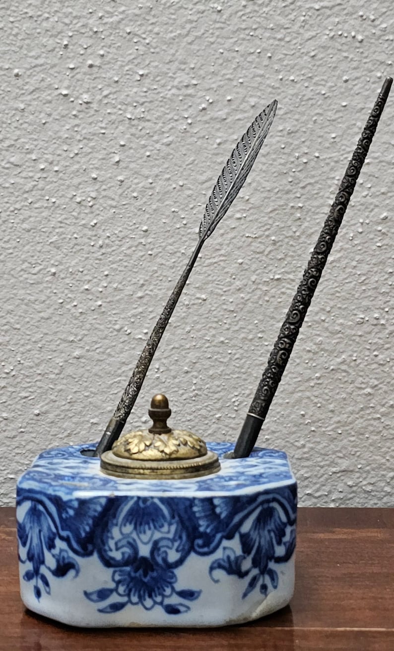 Antique Blue and White Earthenware and Brass Inkwell-flowers-painted ...