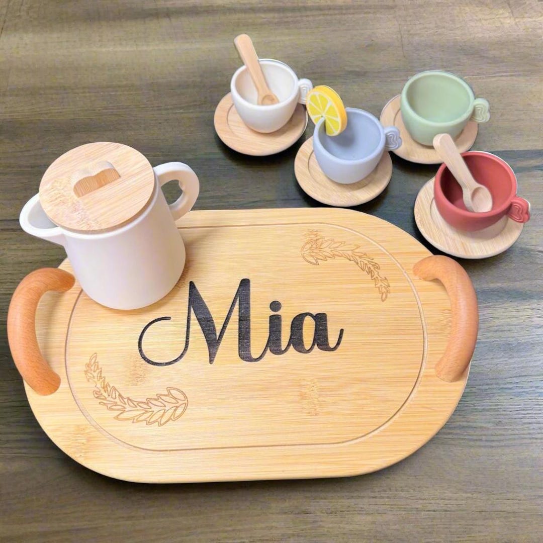 Personalized Kids’ Wooden Tea Set – 14-piece Pretend Play Set With ...