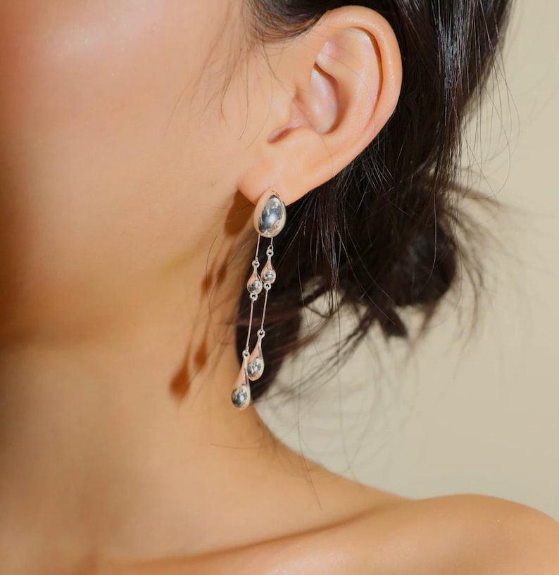 Two-way Long Earrings With Teardrop Tassel Design, Silver - Etsy