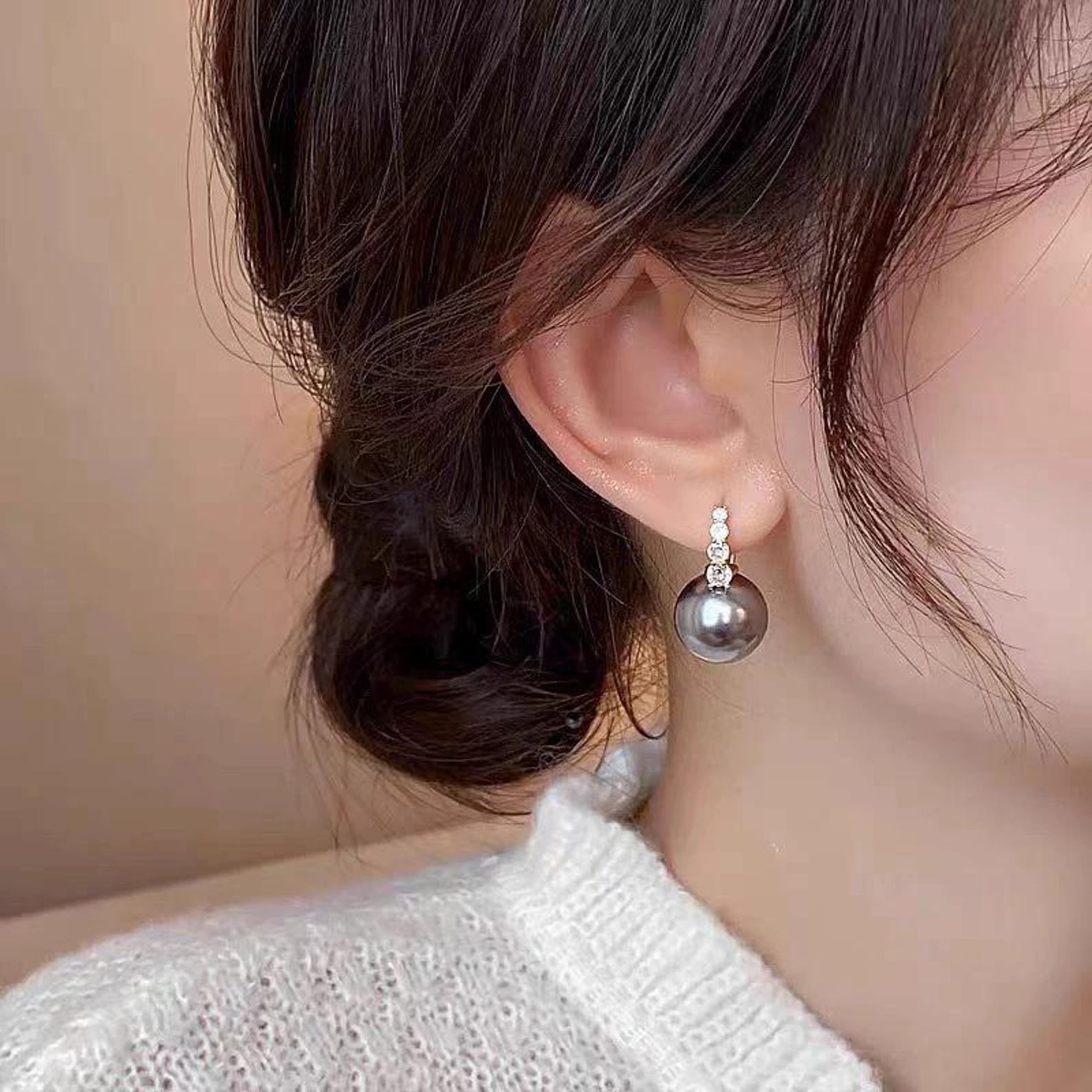 Zirconia Gray Pearl Earrings - Etsy
