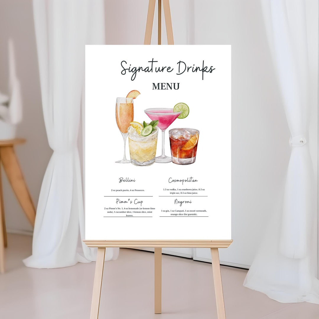Modern Wedding Bar Signature Drinks Menu, Cocktail Bar Sign Template ...