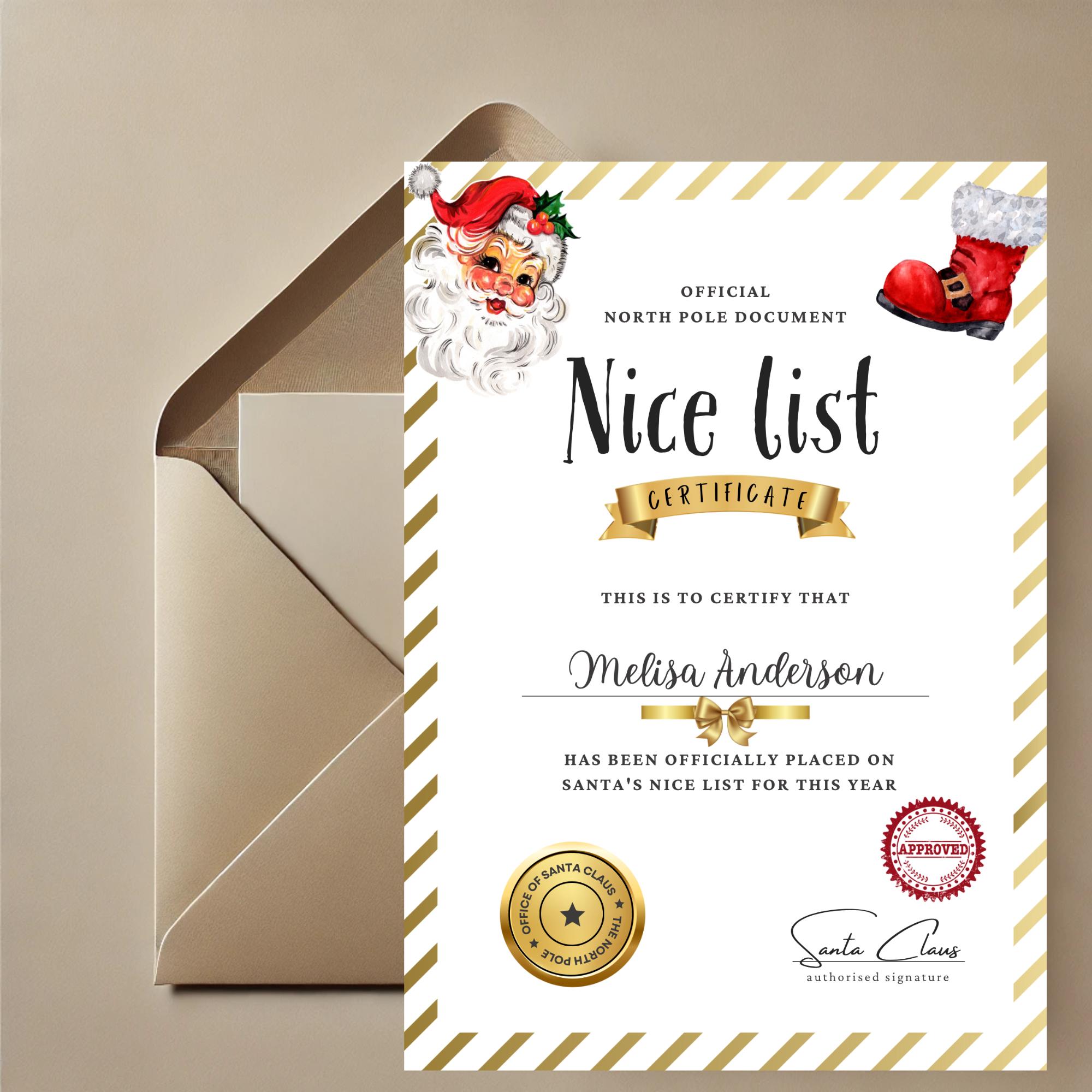 Printable Nice List Certificate Template, North Pole Mail Christmas ...