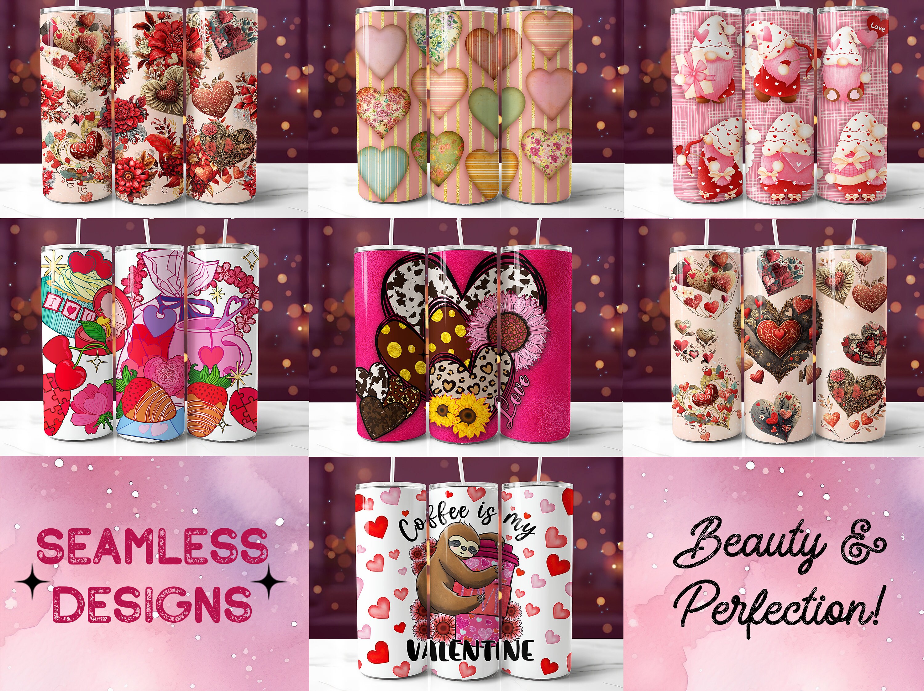 Valentines Tumbler Wraps PNG Bundle 20 Oz Sublimation for Valentines Day Tumbler Designs ...