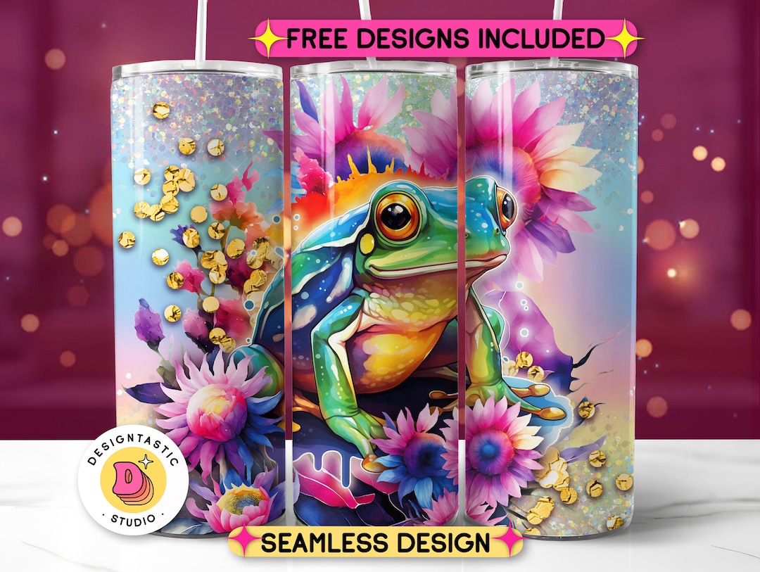 Cute Frog Watercolor Tumbler Wrap PNG 20 Oz Skinny Tumbler Sublimation Glitter Holographic ...