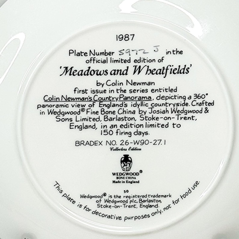 Vintage 1987 Wedgwood England Meadows and Wheatfields Collector Plate ...