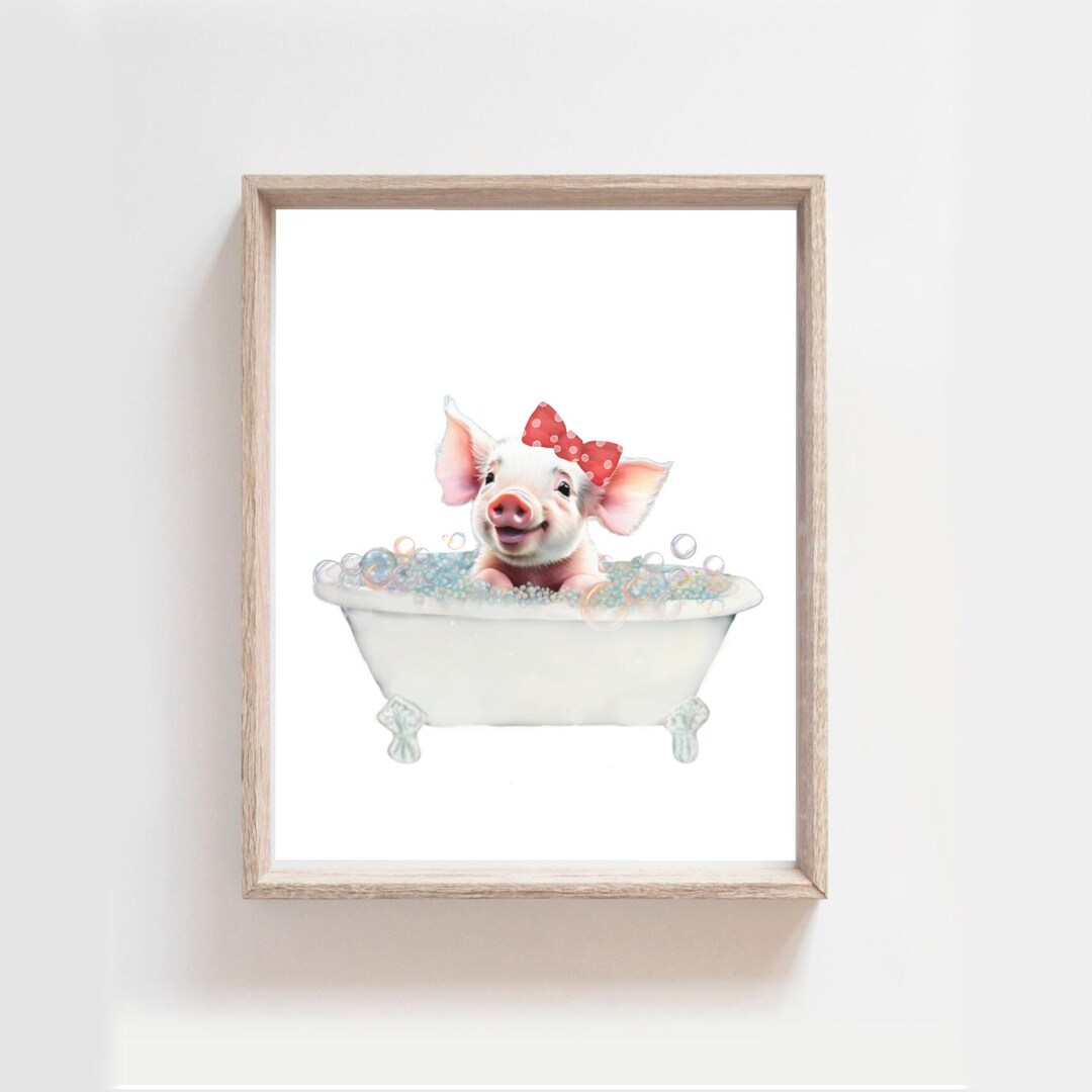 Piglet Bath Print: Watercolor Pig in Tub, Kids Bathroom Art (digital ...