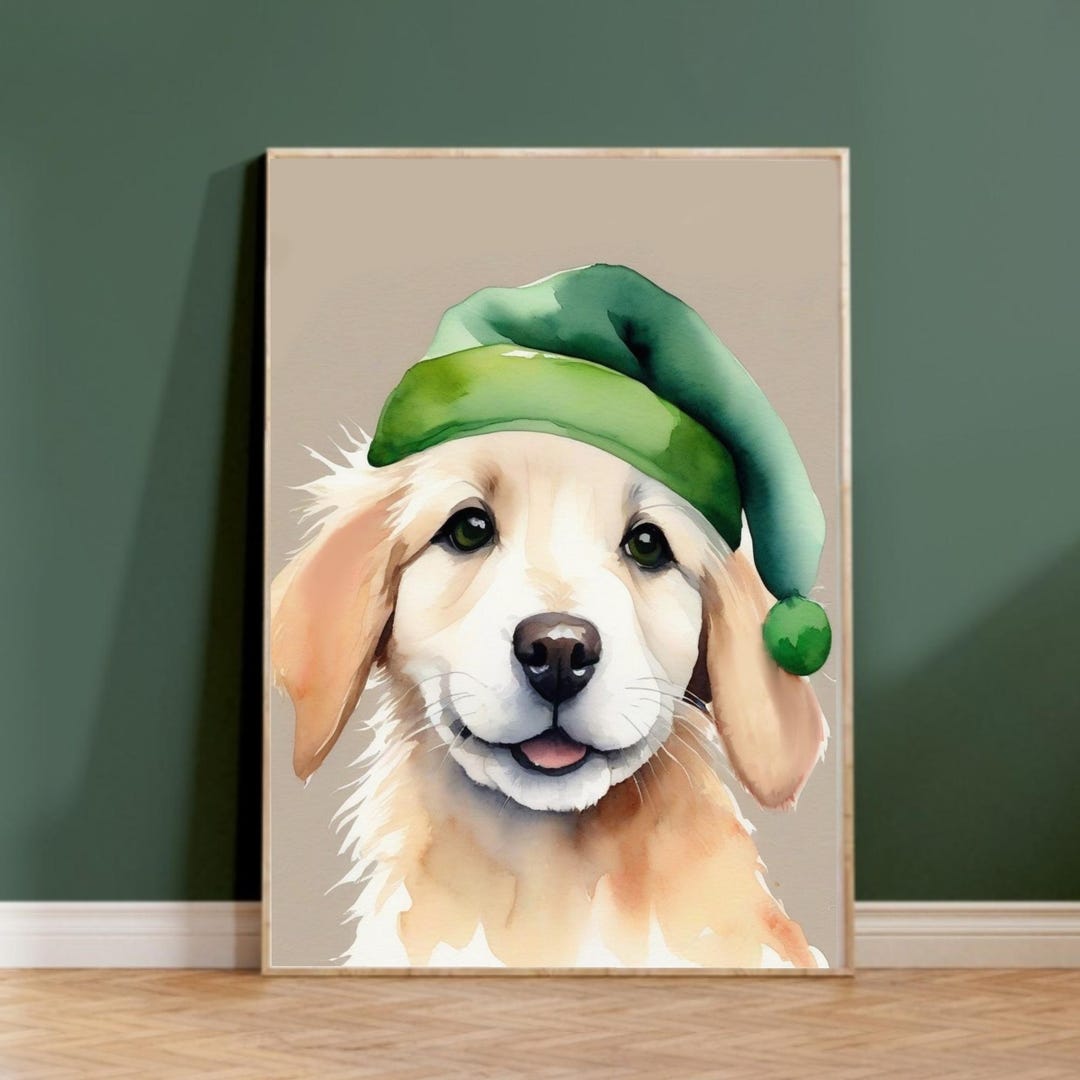 Golden Retriever, Labrador, Puppy Dog, Elf Hat, Watercolor Art, Holiday ...